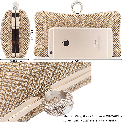 Dexmay Rhinestone Crystal Ring Clutch Purse Luxury Evening Bag for Bridal Wedding Party Gold