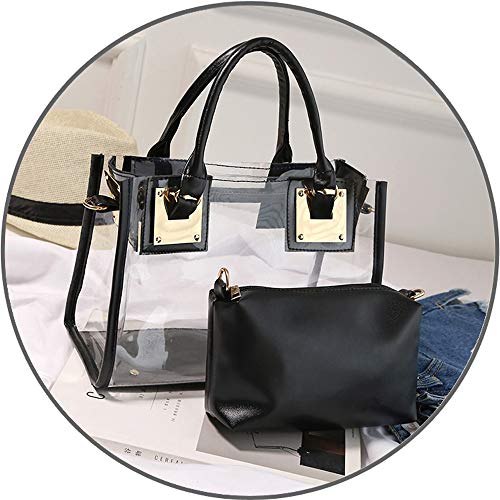 Cooba 2Pcs Women Clear Jelly Tote Beach Crossbody Transparent Messenger Shoulder Bag Handbag, Black, One_Size