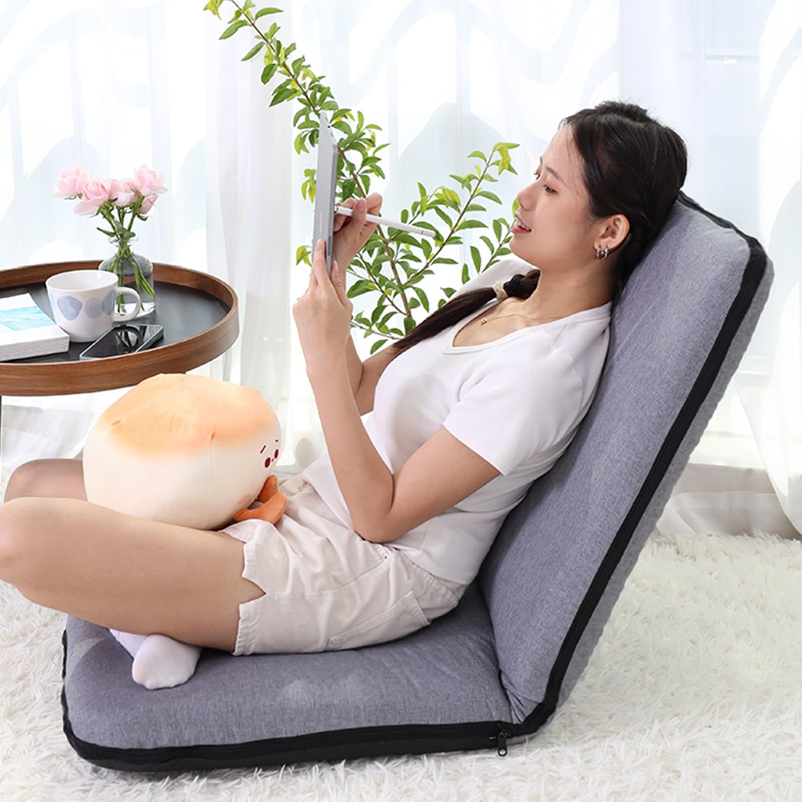 PBTMCD 5 Adjustable Position - Floor Chair with Back Support, Removable & Washable Linen Fabric Cover Living Room Folding Chair, Meditation Chairs (Color : White)