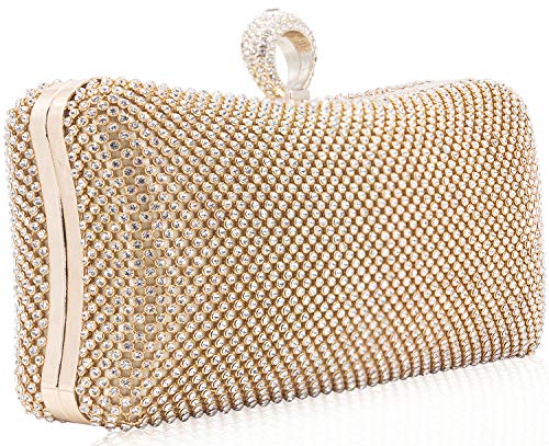 Dexmay Rhinestone Crystal Ring Clutch Purse Luxury Evening Bag for Bridal Wedding Party Gold