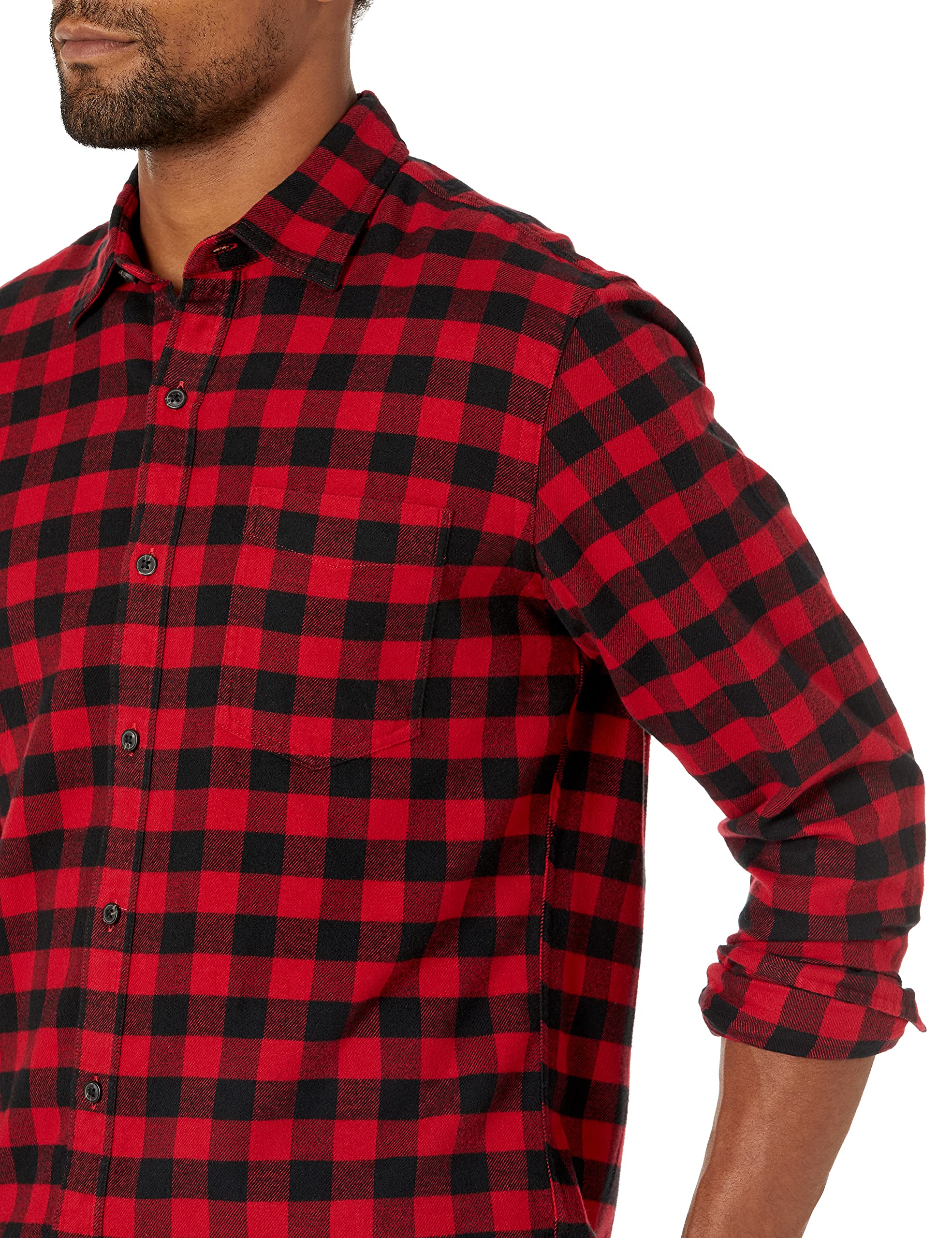 Amazon Essentials Men's Flannel Shirts Long Sleeve, Slim-Fit Button Down Plaid, Black Red Buffalo Plaid, Large
