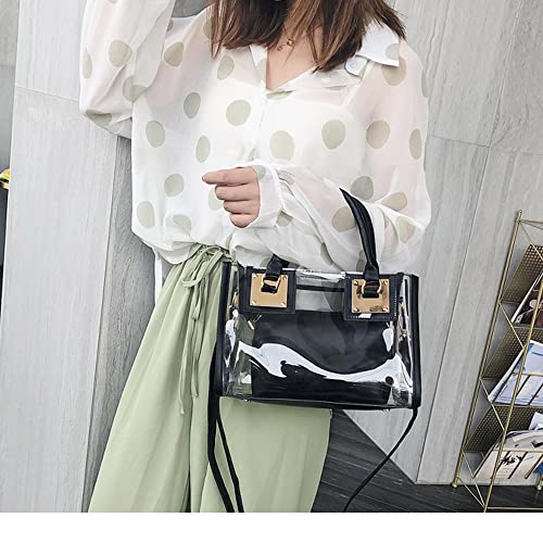 Cooba 2Pcs Women Clear Jelly Tote Beach Crossbody Transparent Messenger Shoulder Bag Handbag, Black, One_Size