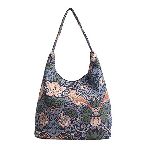 Signare Tapestry Hobo Shoulder bag slough purse for Women with Blue Floral William Morris Strawberry Thief Design (HOBO -STBL)