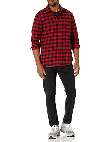 Amazon Essentials Men's Flannel Shirts Long Sleeve, Slim-Fit Button Down Plaid, Black Red Buffalo Plaid, Large