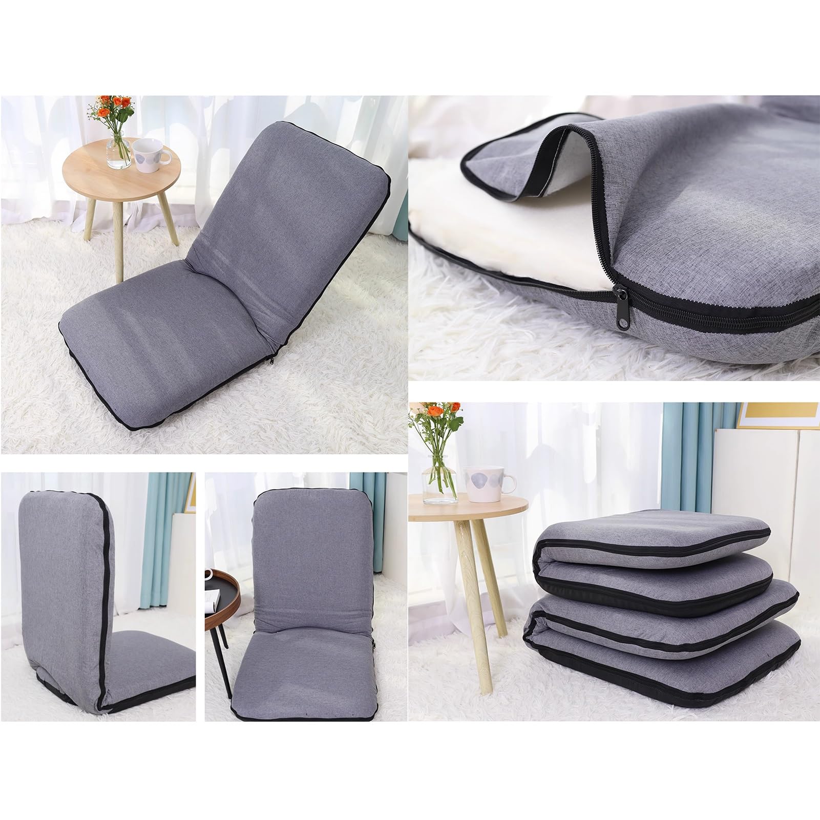 PBTMCD 5 Adjustable Position - Floor Chair with Back Support, Removable & Washable Linen Fabric Cover Living Room Folding Chair, Meditation Chairs (Color : White)