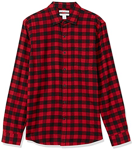 Amazon Essentials Men's Flannel Shirts Long Sleeve, Slim-Fit Button Down Plaid, Black Red Buffalo Plaid, Large