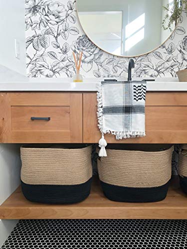Chloe and Cotton Woven Cube Storage Baskets with Handles | Set of 2 | Cute Decorative Bins For Shelves, Bookcases, Cubbies, & Organizing Containers | Black & Tan