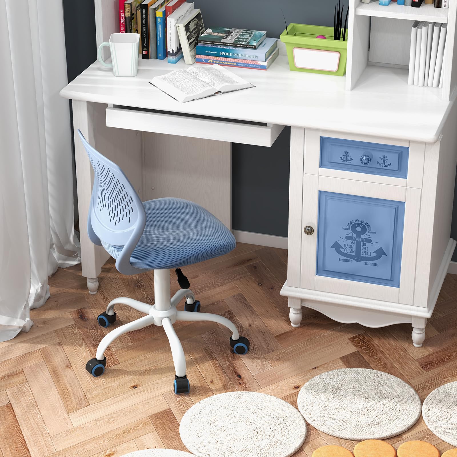DORTALA Desk Chair for Teen, Kids Armless Swivel Small Cute Low-Back Mesh Office Chair Comfy with Adjustable Height, Lumbar Support, Ergonomic Computer Study Chair in Home Bedroom School, Blue