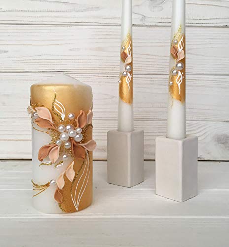 Magik Life Unity Candle Set for Wedding - Wedding Accessories for Reception and Ceremony - Candle Sets - 6 Inch Pillar and 2 10 Inch Tapers - Decorative Pillars Gold