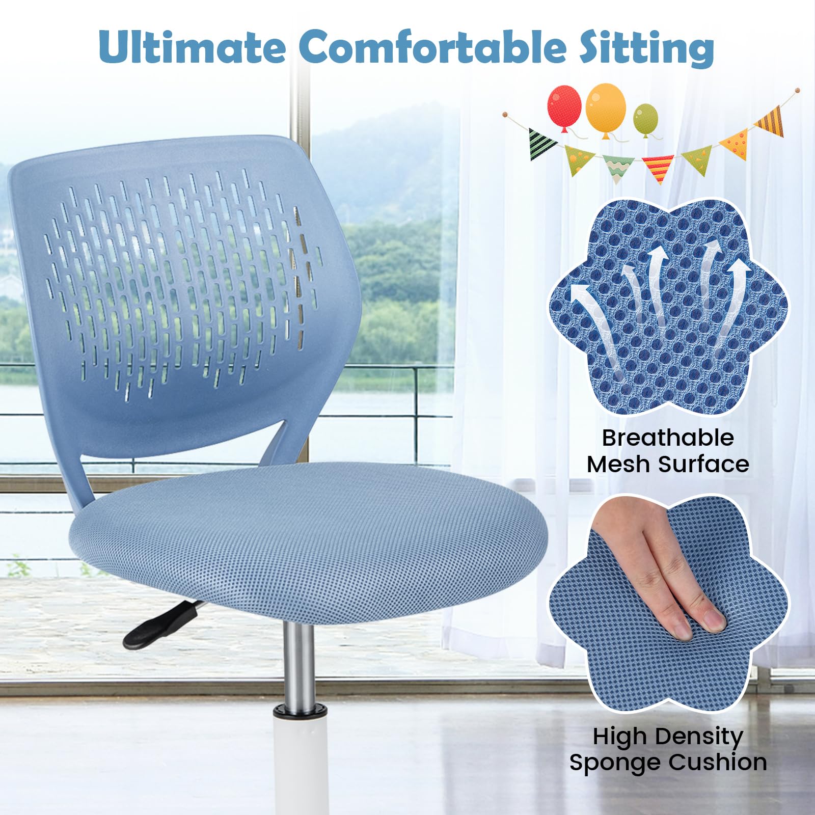 DORTALA Desk Chair for Teen, Kids Armless Swivel Small Cute Low-Back Mesh Office Chair Comfy with Adjustable Height, Lumbar Support, Ergonomic Computer Study Chair in Home Bedroom School, Blue
