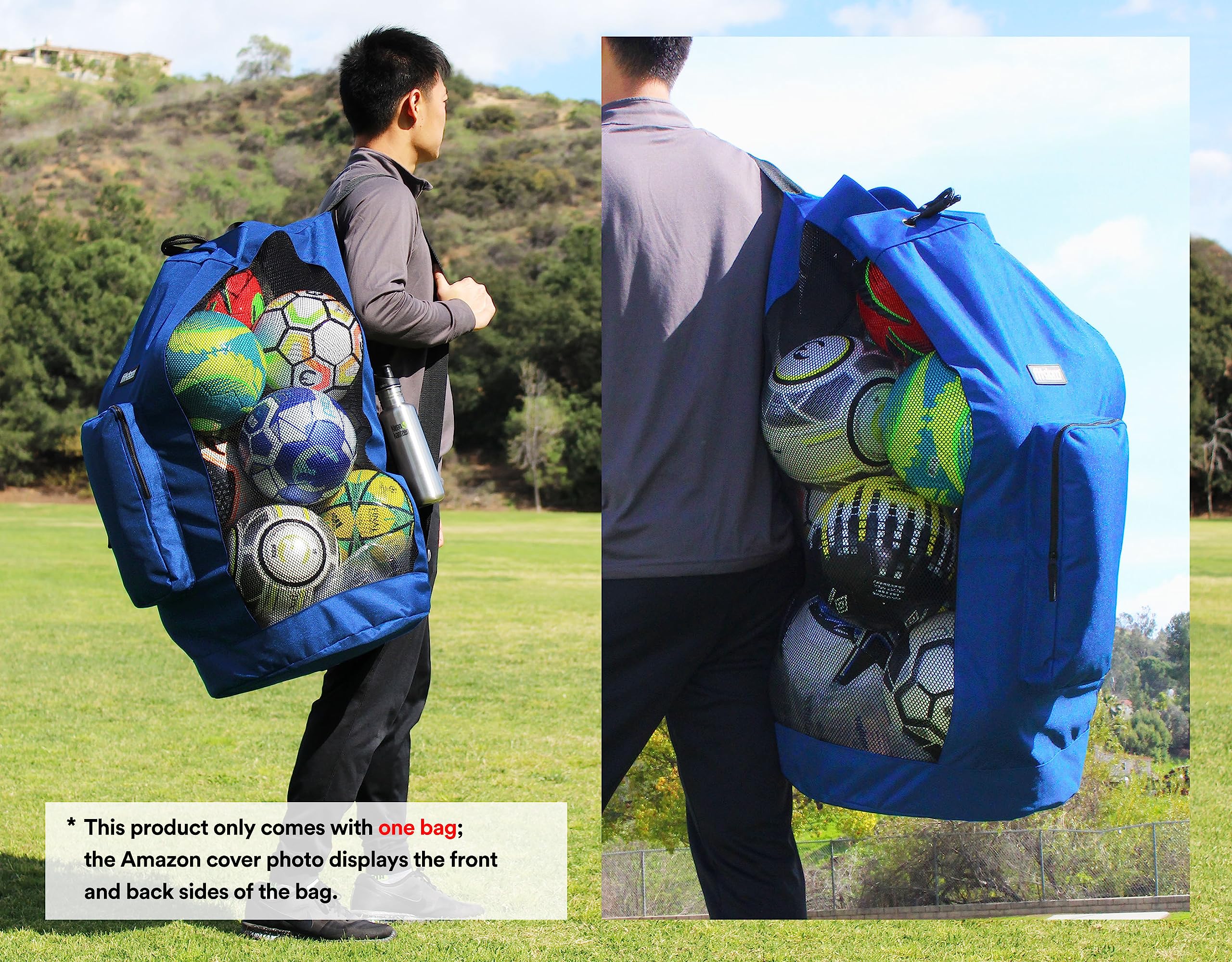 Fitdom Heavy Duty XL Soccer Mesh Equipment Ball Bag w/Adjustable Shoulder Strap Design for Coach. with an Over-Sized Front Pocket for Sporting Accessories. Best for All Outdoor & Water Gears