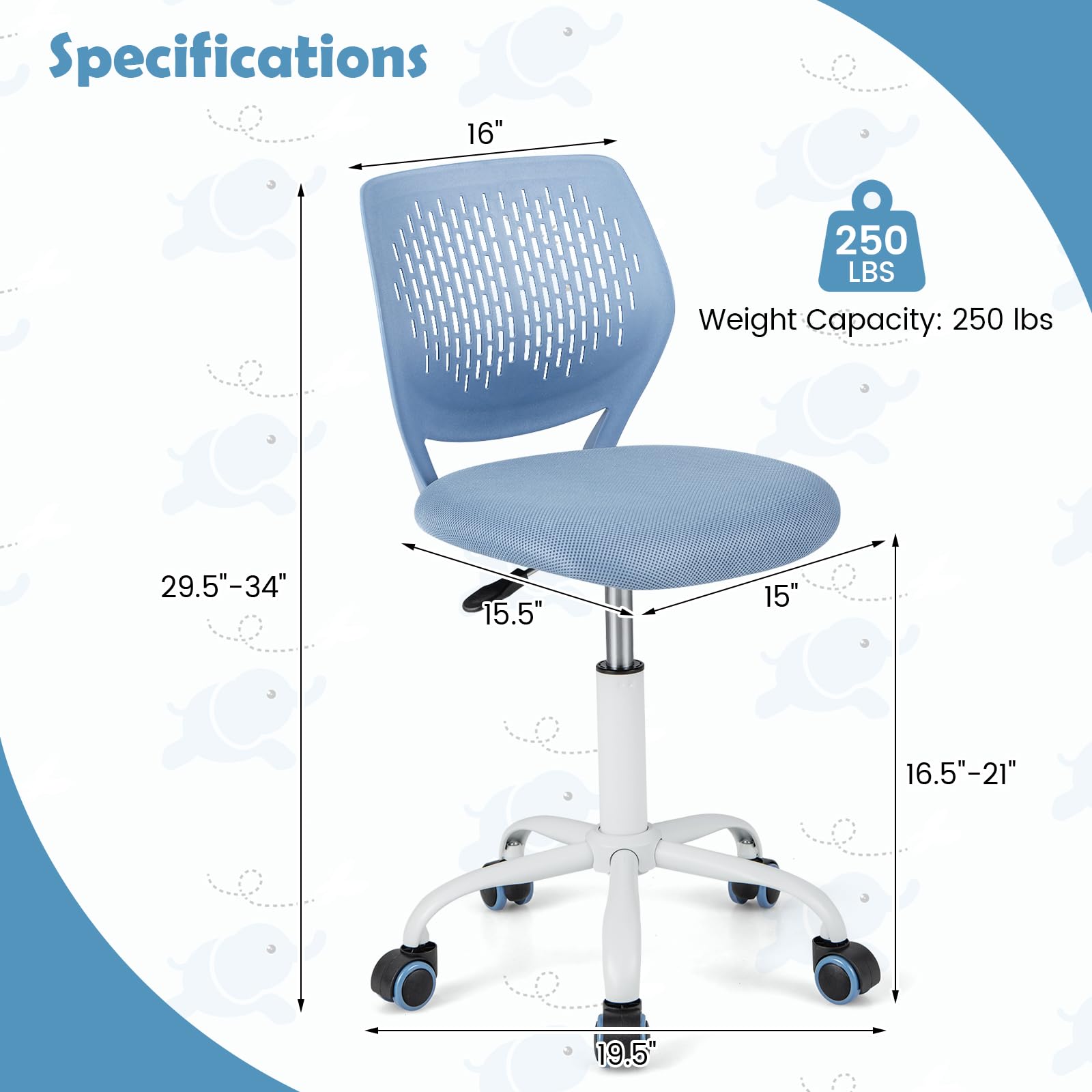 DORTALA Desk Chair for Teen, Kids Armless Swivel Small Cute Low-Back Mesh Office Chair Comfy with Adjustable Height, Lumbar Support, Ergonomic Computer Study Chair in Home Bedroom School, Blue