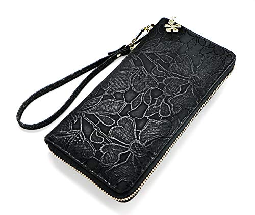Women large Wallet soft leather wristlet Card Organizer Phone holder Ladies Clutch Long Purse with Wrist Strap Zipper around (F black) …