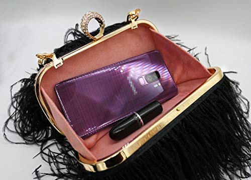 QEBURI Women Fluffy Ostrich Feather Evening Dress Clutch Bag Purse Shoulder Bag (Black)