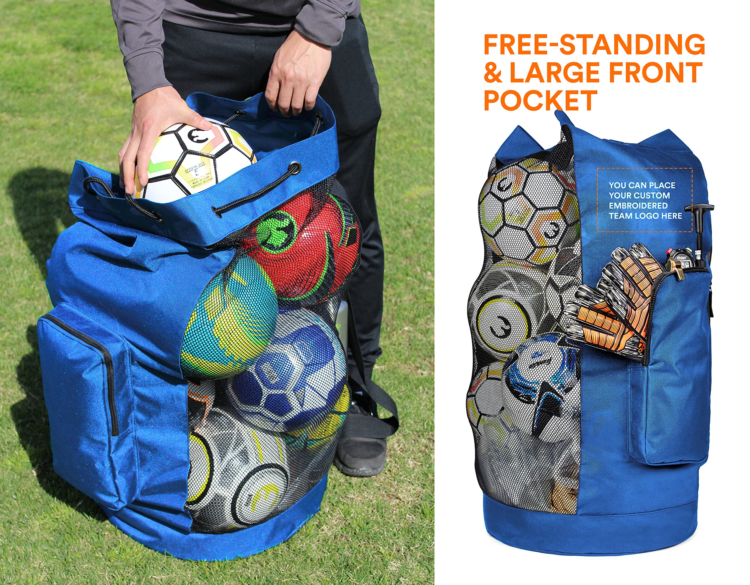 Fitdom Heavy Duty XL Soccer Mesh Equipment Ball Bag w/Adjustable Shoulder Strap Design for Coach. with an Over-Sized Front Pocket for Sporting Accessories. Best for All Outdoor & Water Gears