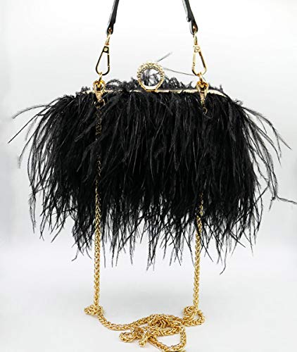 QEBURI Women Fluffy Ostrich Feather Evening Dress Clutch Bag Purse Shoulder Bag (Black)