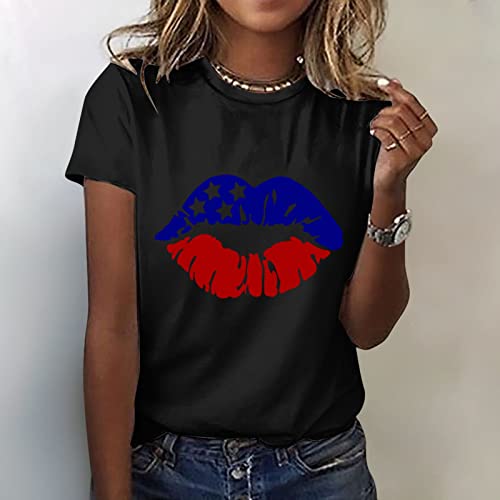 Turtleneck Juniors Independence Day Shirt Women Graphic T Shirts for Women Top Crewneck Short Sleeve Lip Print Top Short Black