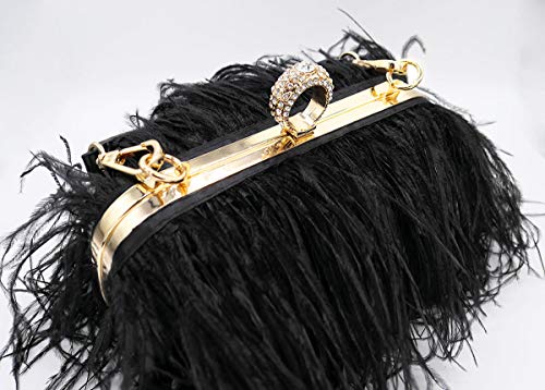 QEBURI Women Fluffy Ostrich Feather Evening Dress Clutch Bag Purse Shoulder Bag (Black)