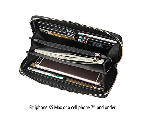 Women large Wallet soft leather wristlet Card Organizer Phone holder Ladies Clutch Long Purse with Wrist Strap Zipper around (F black) …