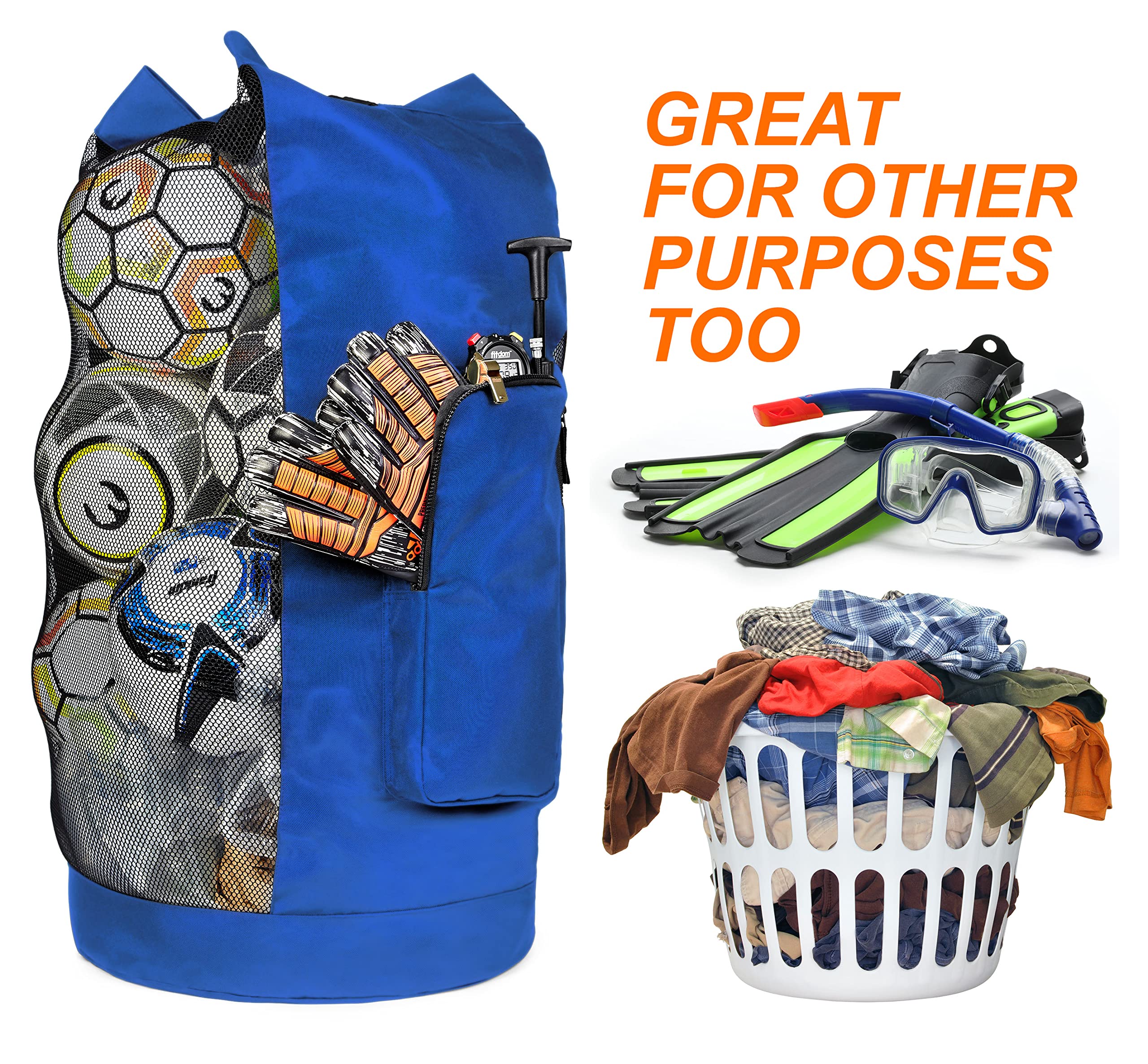 Fitdom Heavy Duty XL Soccer Mesh Equipment Ball Bag w/Adjustable Shoulder Strap Design for Coach. with an Over-Sized Front Pocket for Sporting Accessories. Best for All Outdoor & Water Gears
