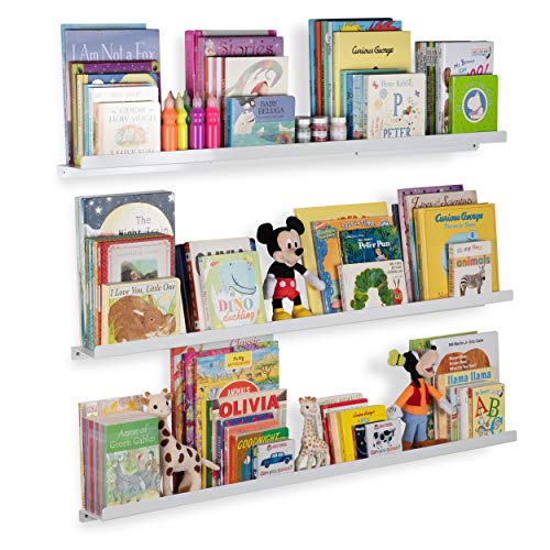 Wallniture Metallo Floating Shelves for Wall, 46" Kids Bookshelf for Toddler Toys, Nursery Room Decor, White Picture Ledge Aluminum Rust Free Material Set of 3