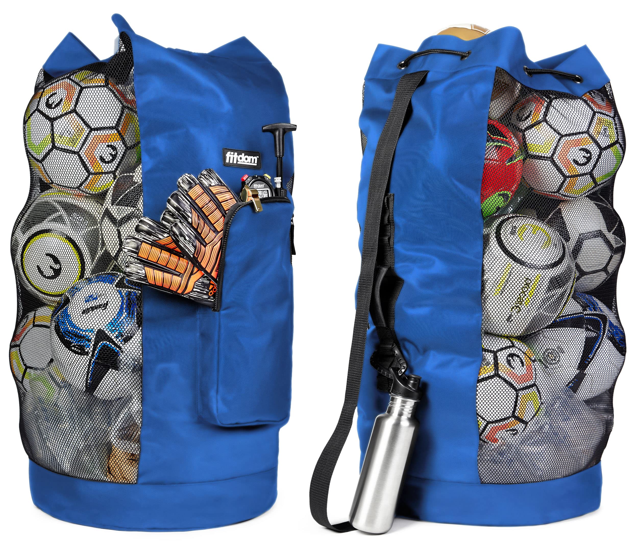 Fitdom Heavy Duty XL Soccer Mesh Equipment Ball Bag w/Adjustable Shoulder Strap Design for Coach. with an Over-Sized Front Pocket for Sporting Accessories. Best for All Outdoor & Water Gears