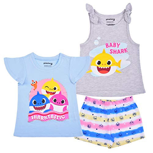 Nickelodeon Baby Shark Girlsā T-Shirt, Tank Top and Short Set for Infant and Toddler ā Pink/Blue Or Multicolor/Grey/Blue
