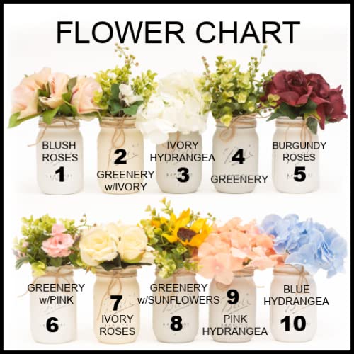 Set of 3, 4, or 5 - Painted Distressed Mason Jars - Choose Pint 16 oz or Quart 32 oz, Your Choice of Jar Colors, Artificial Flowers are Optional, Rustic Wedding Centerpieces for Tables Mason Jars