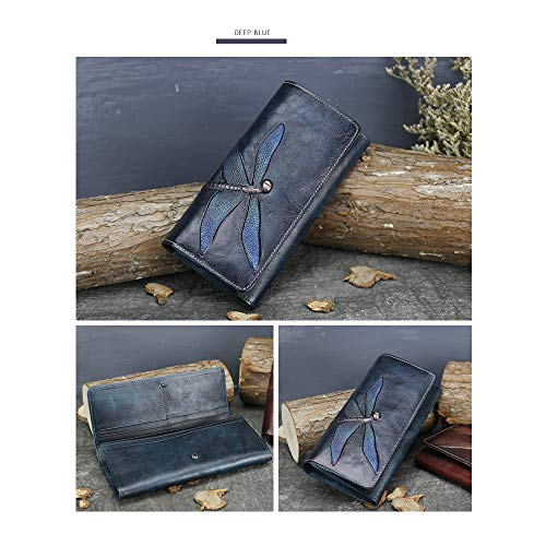 KIMINII Slim Wallets for Women Embossed Dragonfly Handmade Leather Wallet Cellphone Clutch Holder Purse 9630 (Blue)