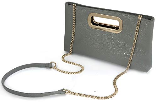 Women Glossy Patent Leather Clutch Cut Out Metal Handle Chain Shoulder Handbag (Grey)
