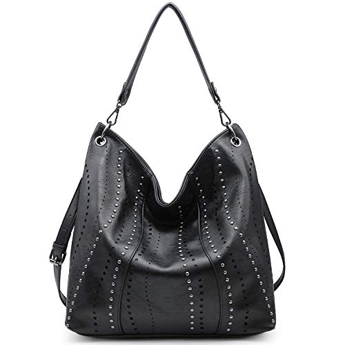 Ladies Large Hobo Shoulder Bag Bucket Handbag Purse for Women with Studs Vegan Leather Black