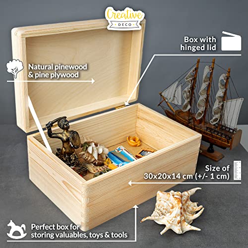 Creative Deco Large Wooden Storage Box with Hinged Lid | 11.8 x 7.87 x 5.51 inches (+-0.5) | Plain Unpainted Gift Box for Tool Toy Shoes Crafts Clothes Jewelry | Rough & UNSANDED Wood Keepsake Chest
