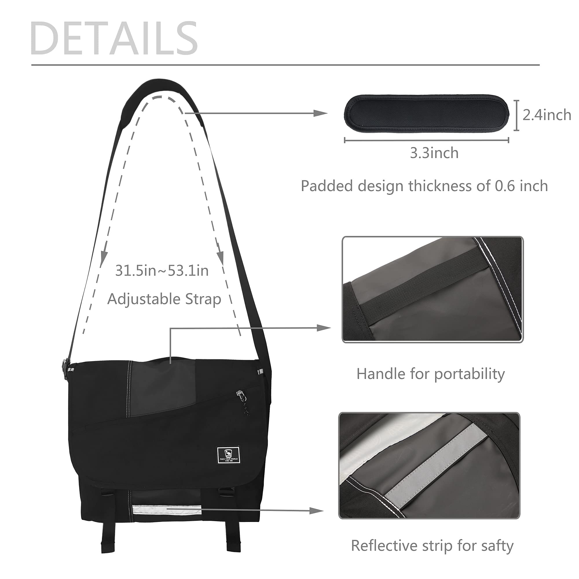 OIWAS Small Messenger Bag for Men/Women Crossbody Travel Briefcase Bags Shoulder Bag Canvas 14 Inch Laptop Computer Satchel Bag Work Black