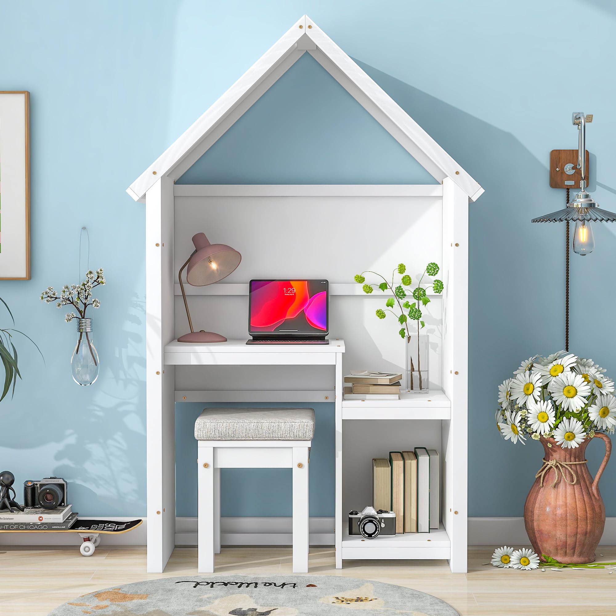 LAVHOME Kids Desk and Chair Set Wood Study Desk with Storage and Cushion Stool House Shaped Art Table for Girls Boys Children,White