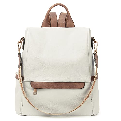CLUCI Women Backpack Purse Fashion Leather Large Designer Travel Bag Ladies Shoulder Bags White with Brown