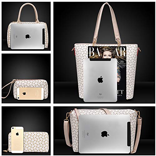 Women Handbag Set 6 Pcs PU Leather Tote Purse Set Multi-purpose Classic Shoulder Bag (Off White)