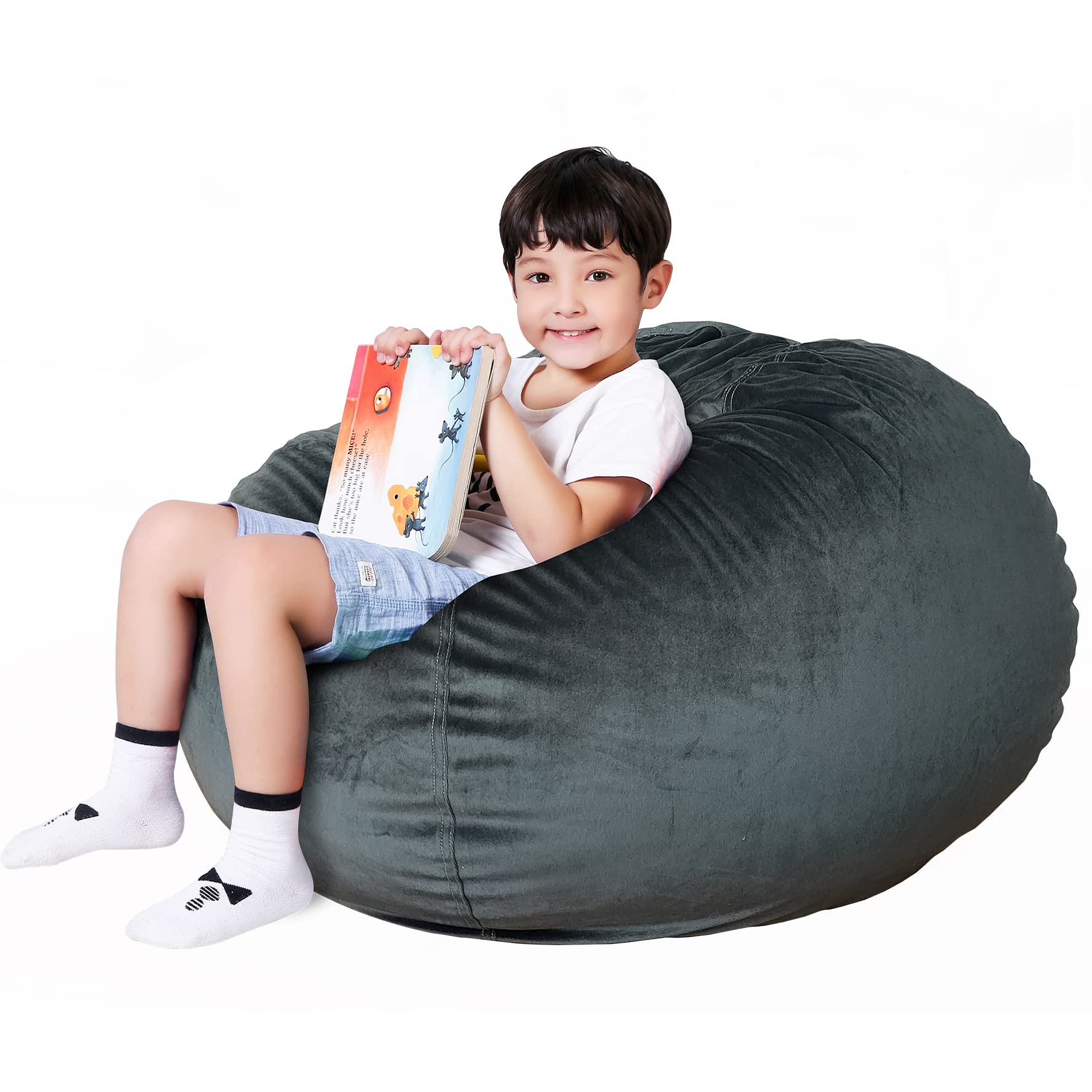 Lukeight Stuffed Animal Storage Bean Bag Chair Cover for Kids, Zipper Beanbag Chair Cover for Organizing Toddler and Kids' Rooms Plush Toys (Dark Gray Velvet, Large)
