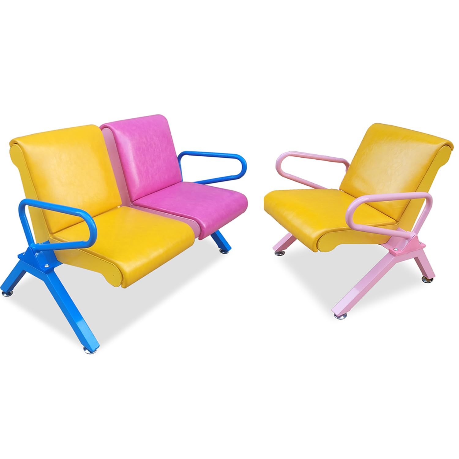 Walmokid Children Chairs Set of 2, 3 Seat&3 Colors Kids Chairs with Pu Leather, Upholstery Waiting Chairs for Toddlers Kindergarten Home Indoor Use(Pink&Yellow&Blue)
