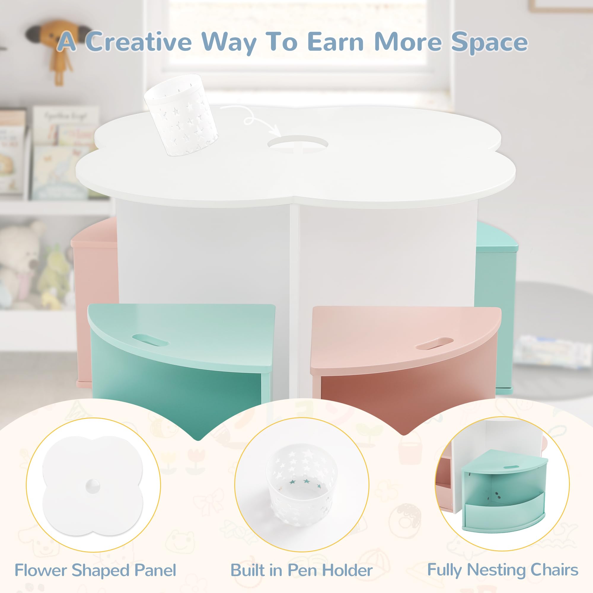 Curipeer Toddler Table and Chair Set with 4 Storage Stools, Flower Shaped Nesting Design Table with Built-in Pen Holder, Kids Table for Activity/Play/Art/Read/Craft, Pink & Mint Green