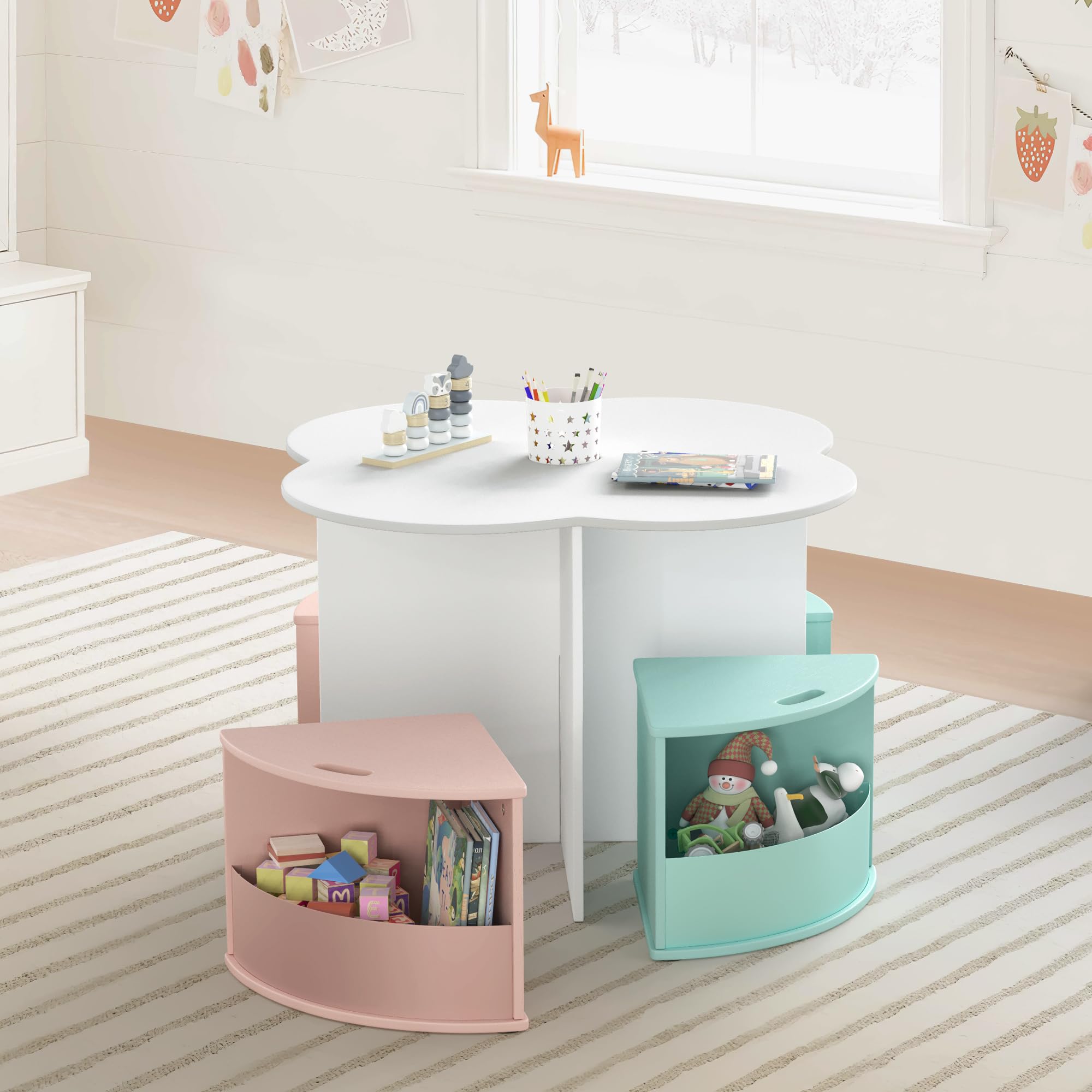 Curipeer Toddler Table and Chair Set with 4 Storage Stools, Flower Shaped Nesting Design Table with Built-in Pen Holder, Kids Table for Activity/Play/Art/Read/Craft, Pink & Mint Green