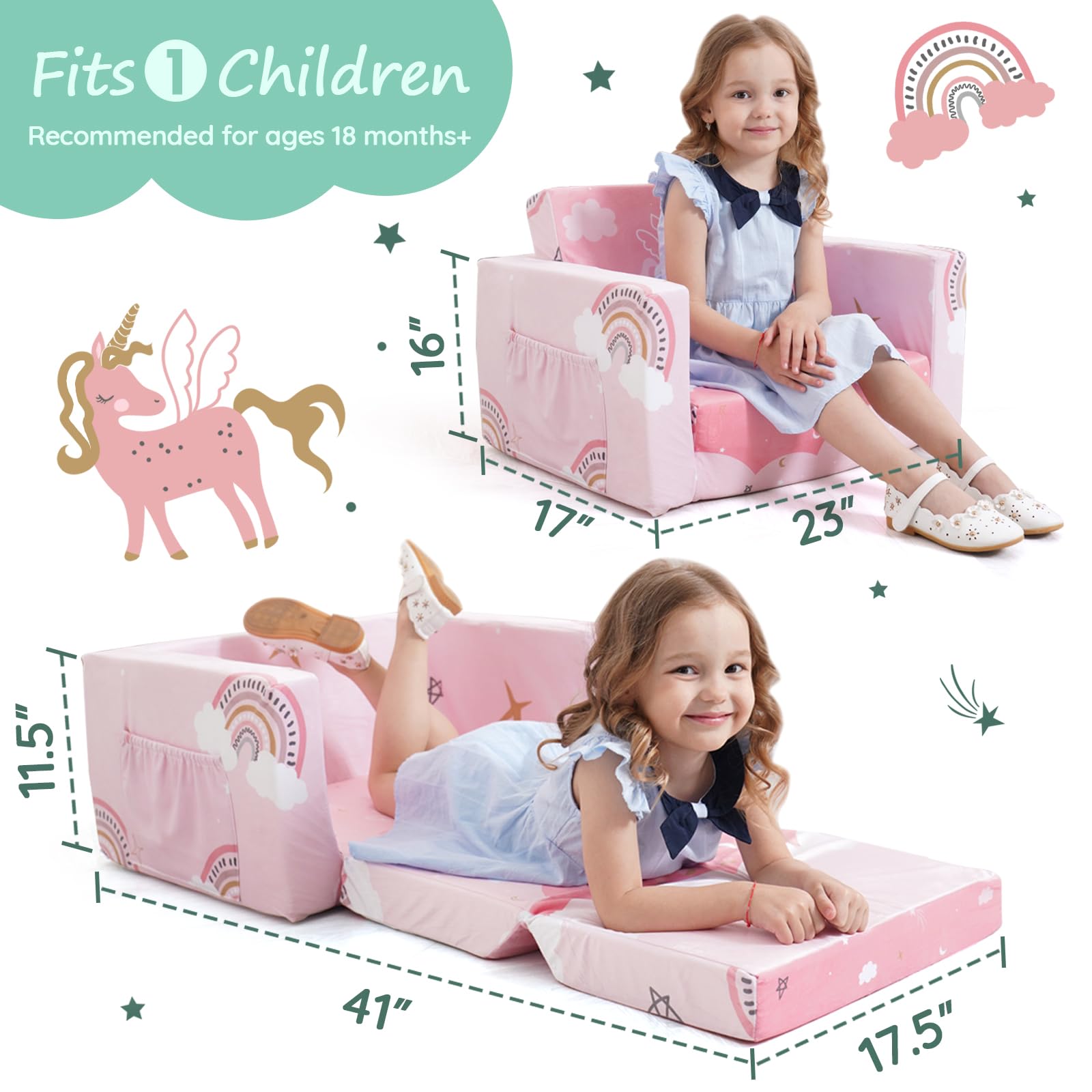 ACRABROS Kids Couch: Toddler Sofa Bed Fold Out for Gilrs Boys Baby Flip Out Convertible Lounge Chair Unicorn