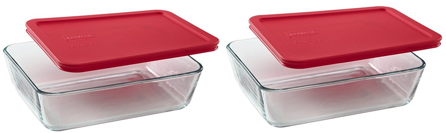 Pyrex 6-cup 7211 Rectangle Glass Food Storage Containers with Red Plastic Lids - 2 Pack