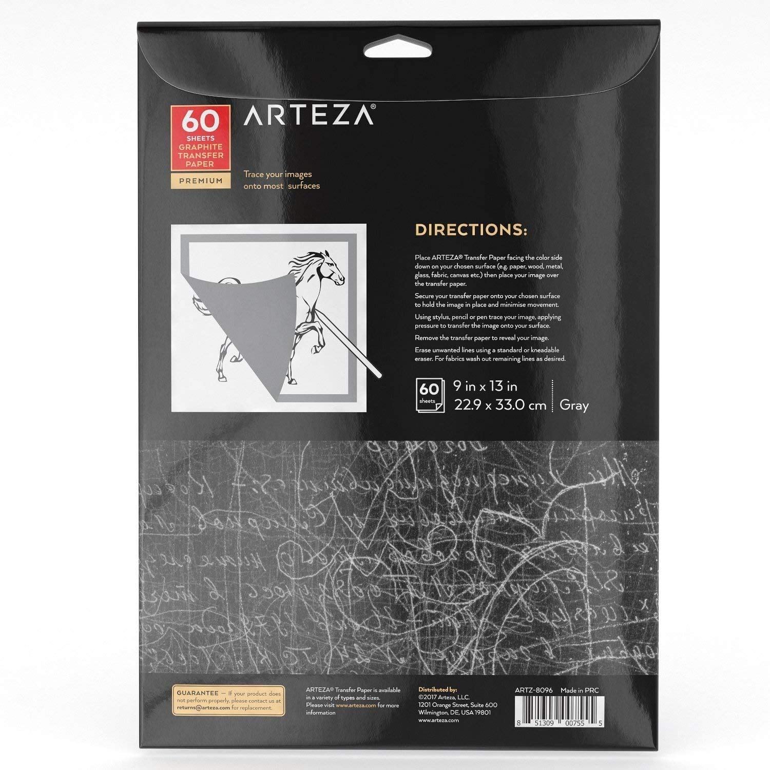 Arteza Graphite Transfer Paper, 9 x 13 Inches, 60 Sheets, Gray Carbon Paper for Tracing and Transferring Drawings onto Wood, Paper, Canvas, Arts & Crafts Projects