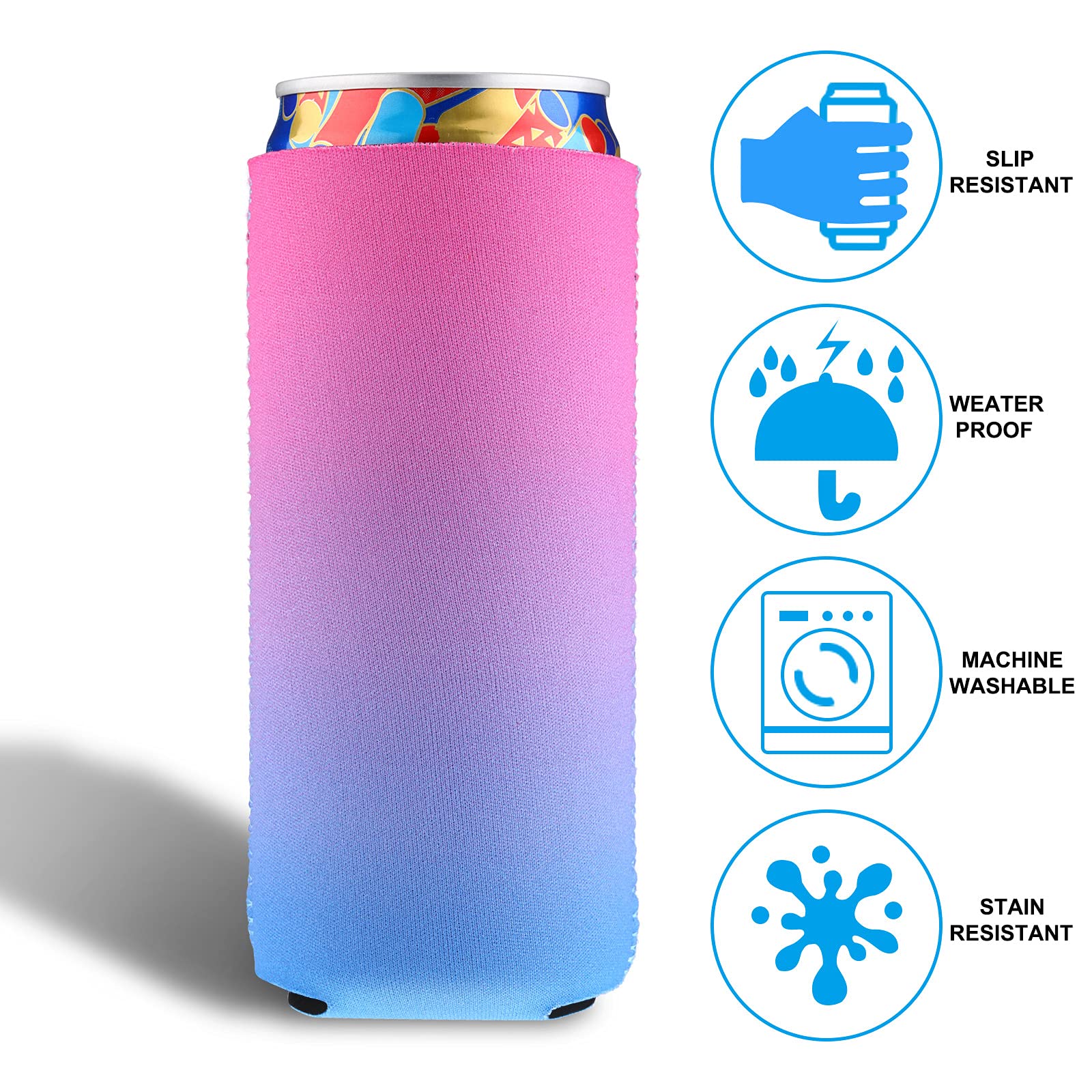 18 Pieces Slim Can Cooler Drink Sleeves Holder Insulated Neoprene Can Sleeves Neoprene Slim Beer Can Sleeves Tall Coffee Cup Sleeve Insulated Sleeves Reusable Cup Cover (12 oz, Gradient)