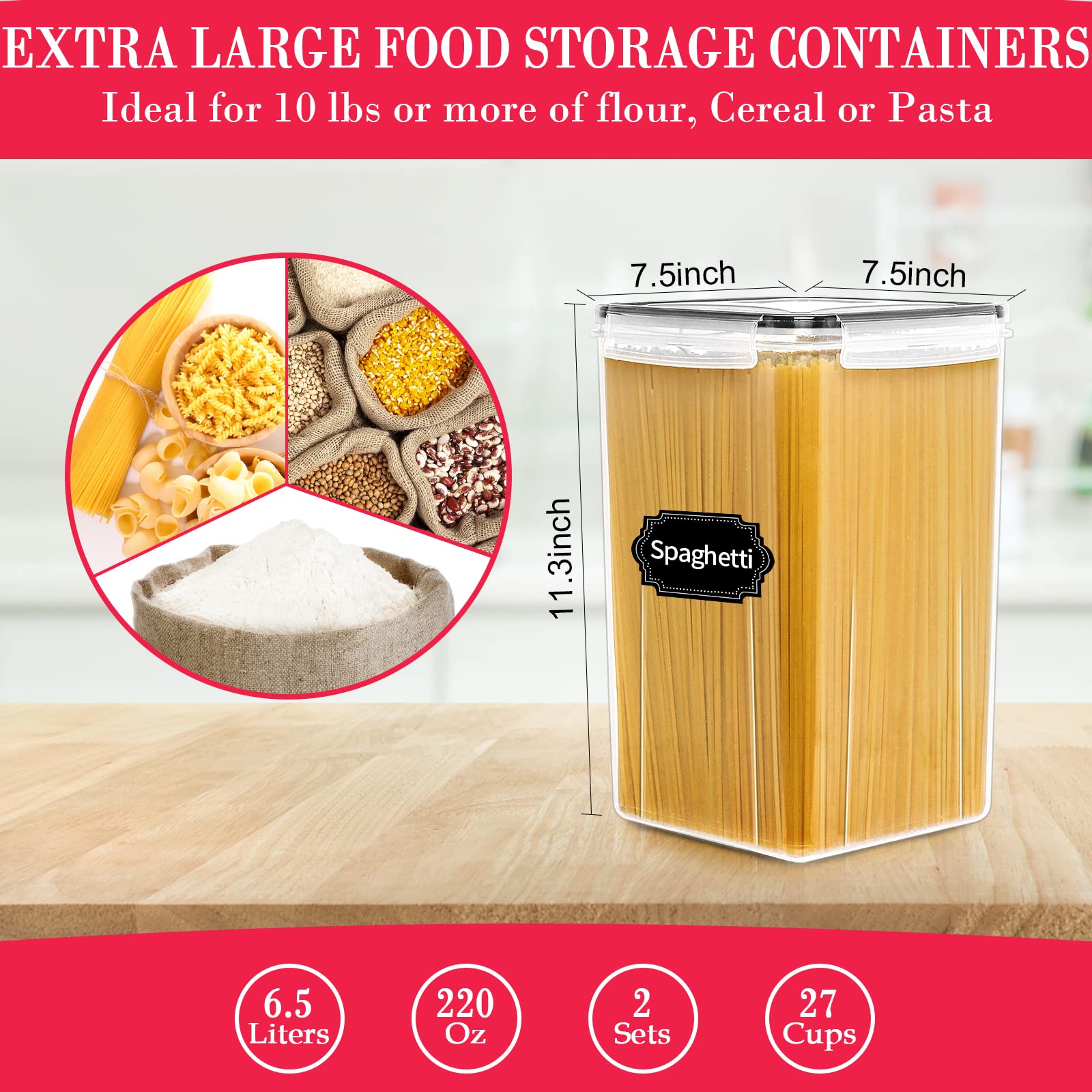 CEKEE Extra Large Food Storage Containers with Lids-6.5L |220 OZ| 2PCS Large Airtight Plastic Food Canisters for Flour, Sugar, Rice, Cereal & Pasta, Bulk Food Storage for Kitchen Pantry Organization
