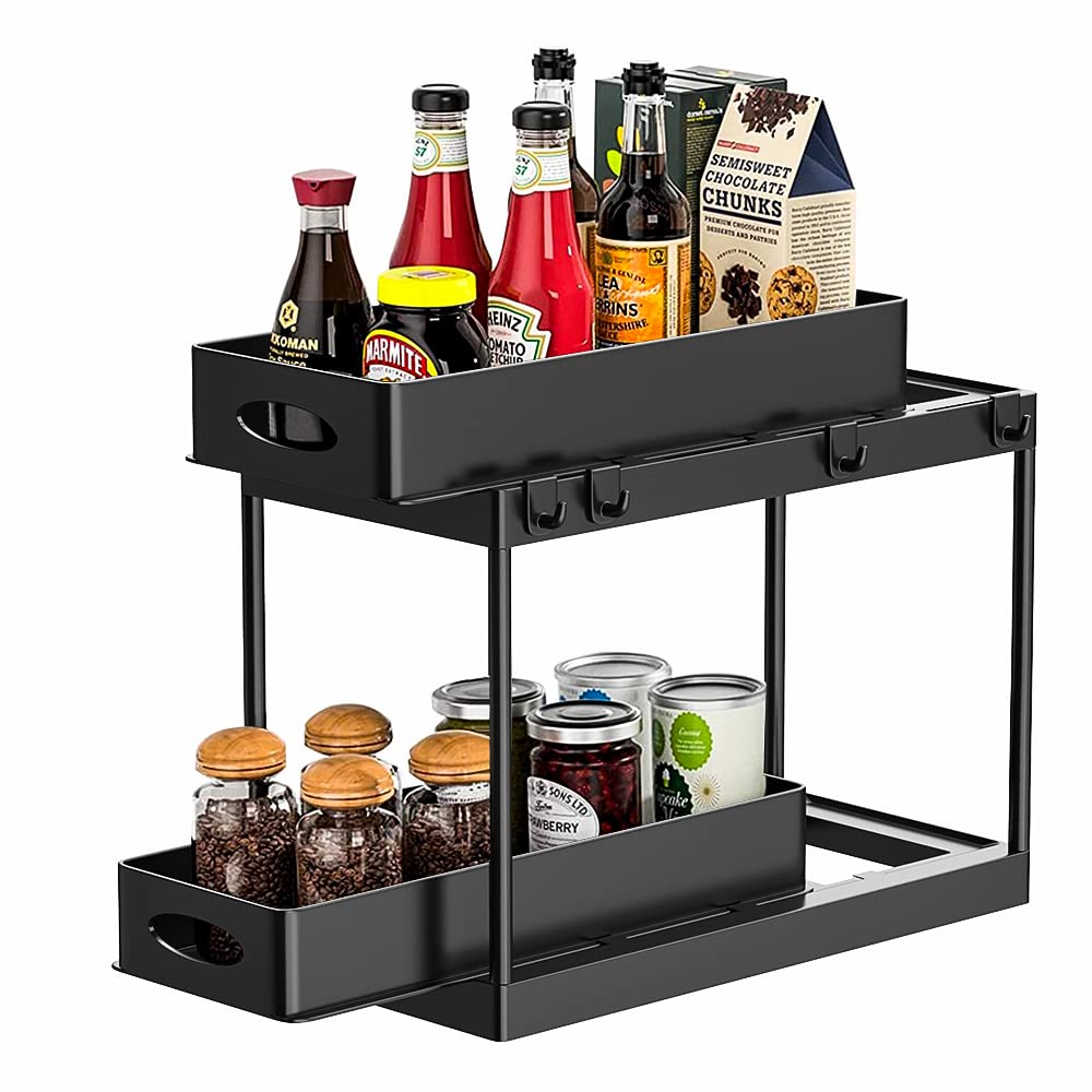 HooySprs 2 Tier Under Sink Organizer with 2 Sliding Drawer Under Cabinet Basket Organizer with Hooks Bathroom Organizer Kitchen Cabinet Organizers