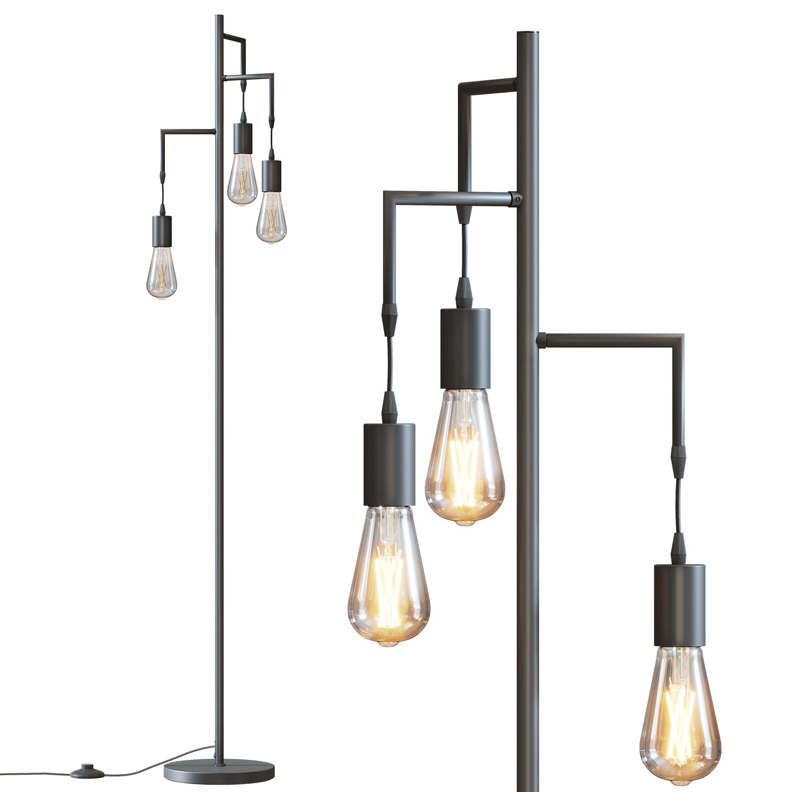 SUNMORY Farmhouse Industrial Floor Lamp for Living Room,Standing Tree Floor Lamp with 3 Edison Led Bulbs ,Rustic Floor Lamps for Living Room,Bedroom,Black Floor Lamp,Tall Lamps for Living Room,Office