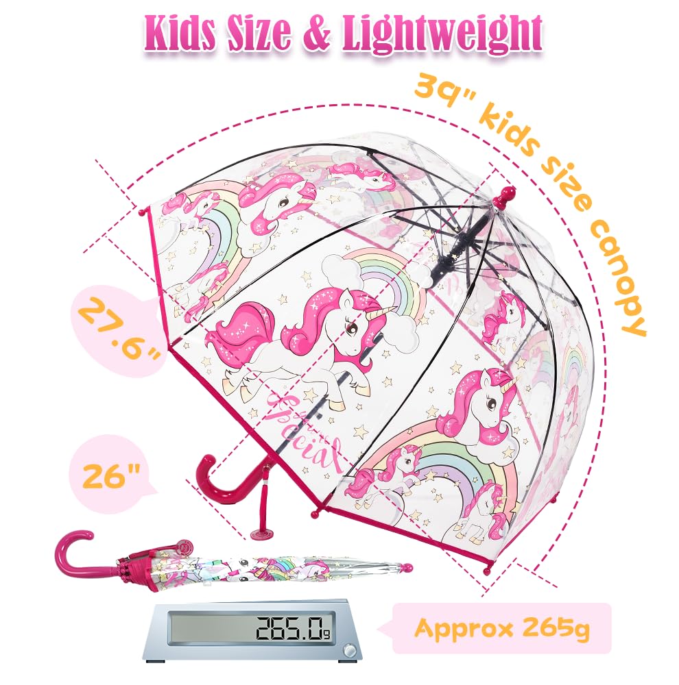 Wxjiahetai Kids Clear Bubble Umbrella Transparent Dome See Through Child Umbrellas for Rain Boys Girls with Pinch-Proof Closure and Easy-Grip Hook Handle(Clear Red Unicorn)