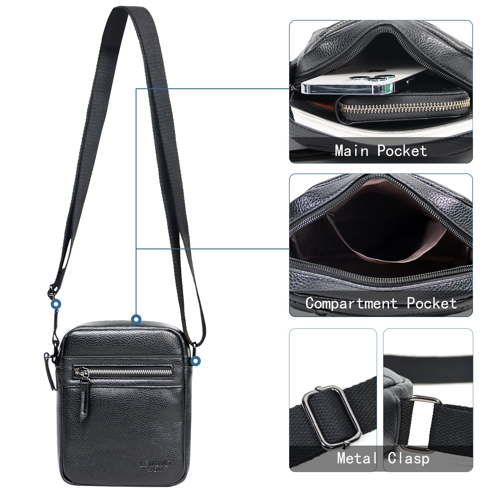 Lemuvlt Crossbody bag for men shoulder bag mens purse satchel leather messenger bag gift man M(Black)…