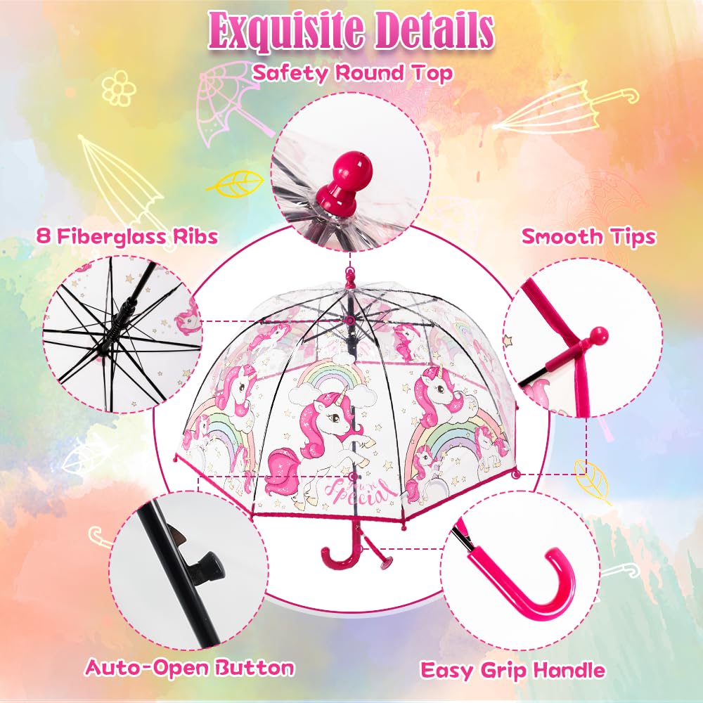 Wxjiahetai Kids Clear Bubble Umbrella Transparent Dome See Through Child Umbrellas for Rain Boys Girls with Pinch-Proof Closure and Easy-Grip Hook Handle(Clear Red Unicorn)